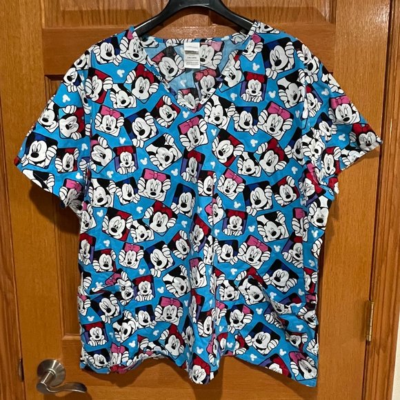 Disney | Tops | Disney Scrub Top Mickey Minnie Mouse Blue Womens Nurse ...